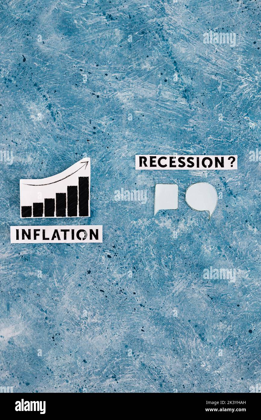 inflation text and graph showing prices going up next to recession text ...