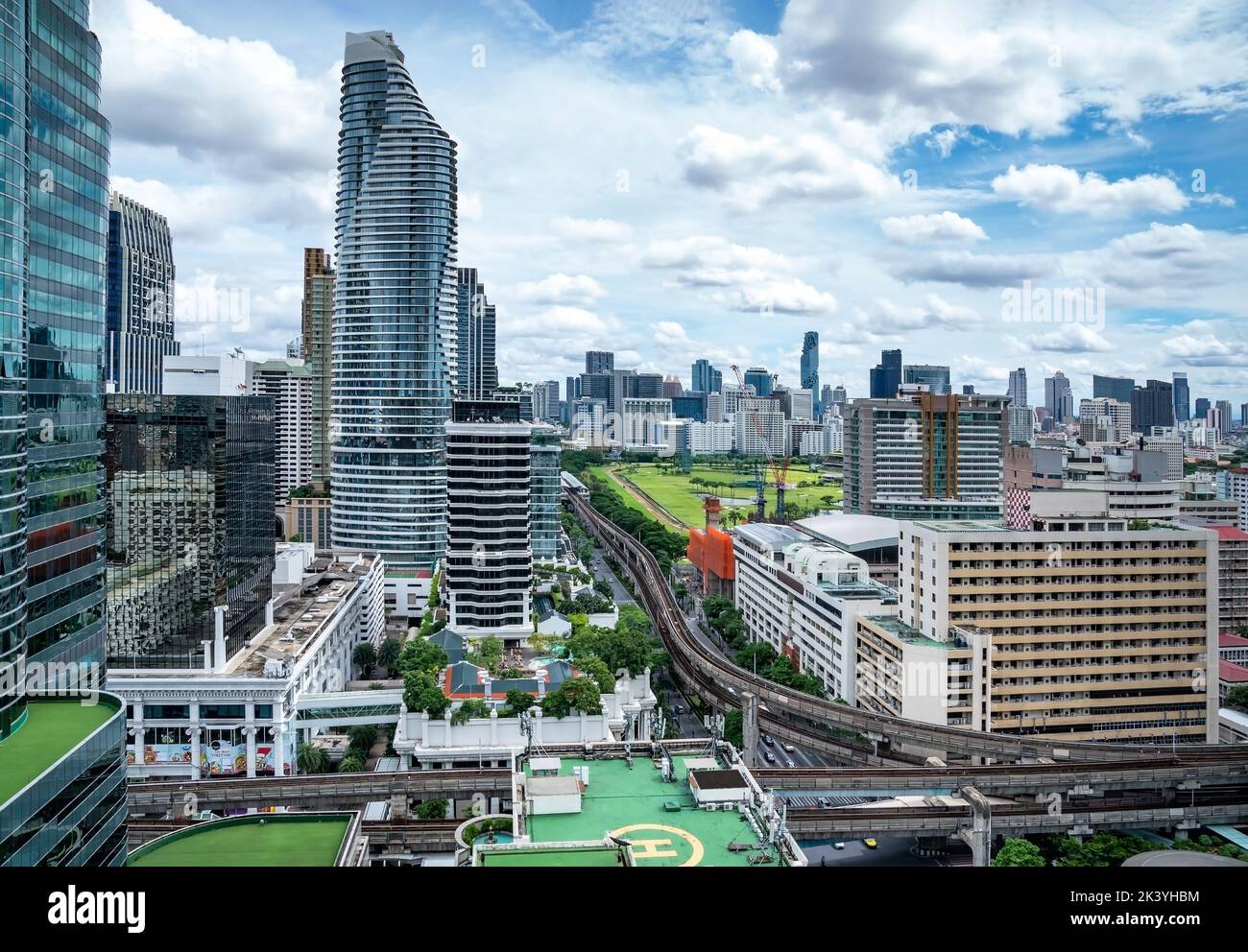 Bangkok Aerial Skyline and Skytrain view of Thailand. Business and ...