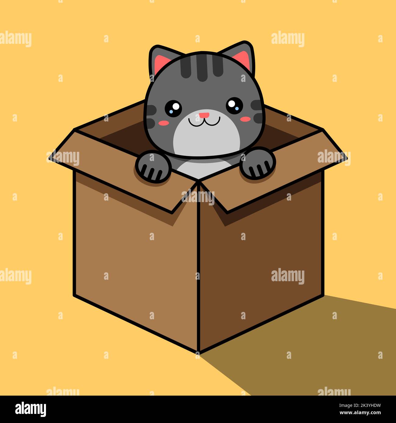 The gray cat looks out of the box. Cartoon cute cat sits in a box ...