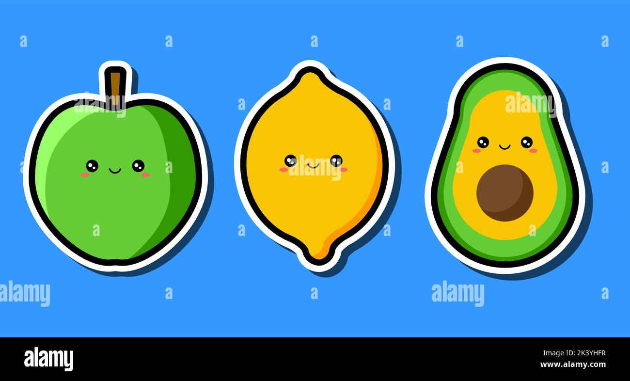 Cartoon kawaii sticker green apple, lemon and avocado. Isolated on a ...