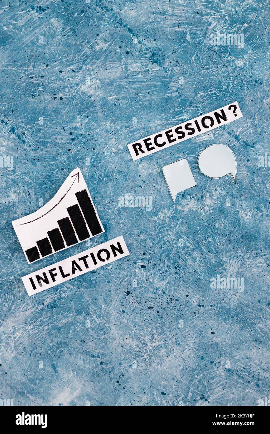 inflation text and graph showing prices going up next to recession text ...