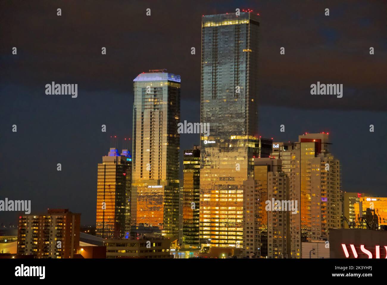 A view of the downtown modern buildings, and illuminated skyscrapers at ...
