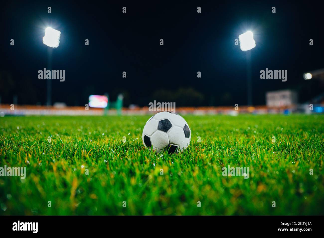 Football ball on green grass on soccer stadium in night. Sport photo ...