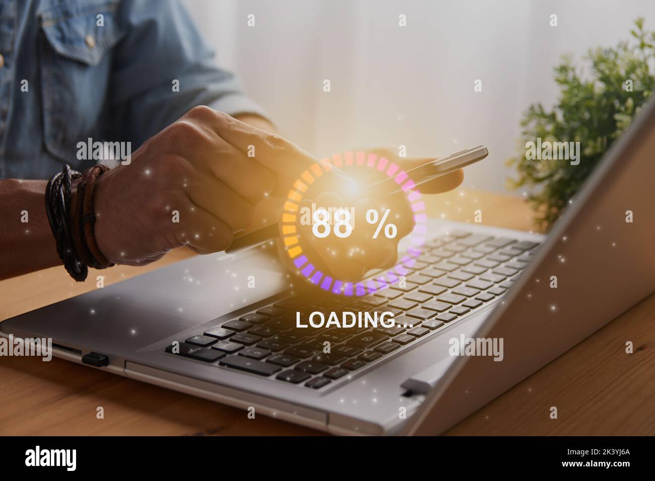 Casual Businessman Touching Mobile Phone or Smart Phone and Orange Purple Circle Loading Module ...