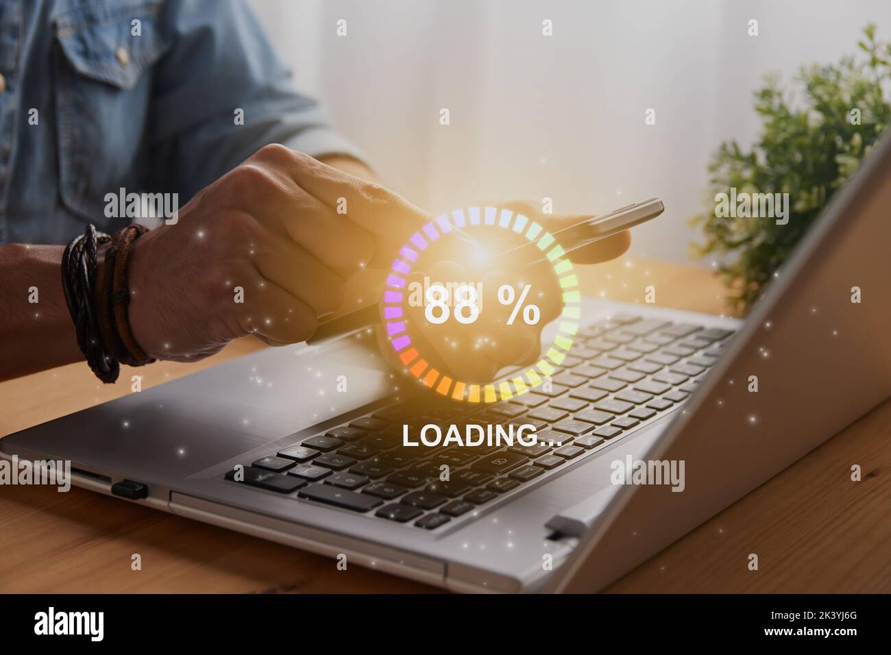 Casual Businessman Touching Mobile Phone or Smart Phone and Rainbow Circle Loading Module and ...