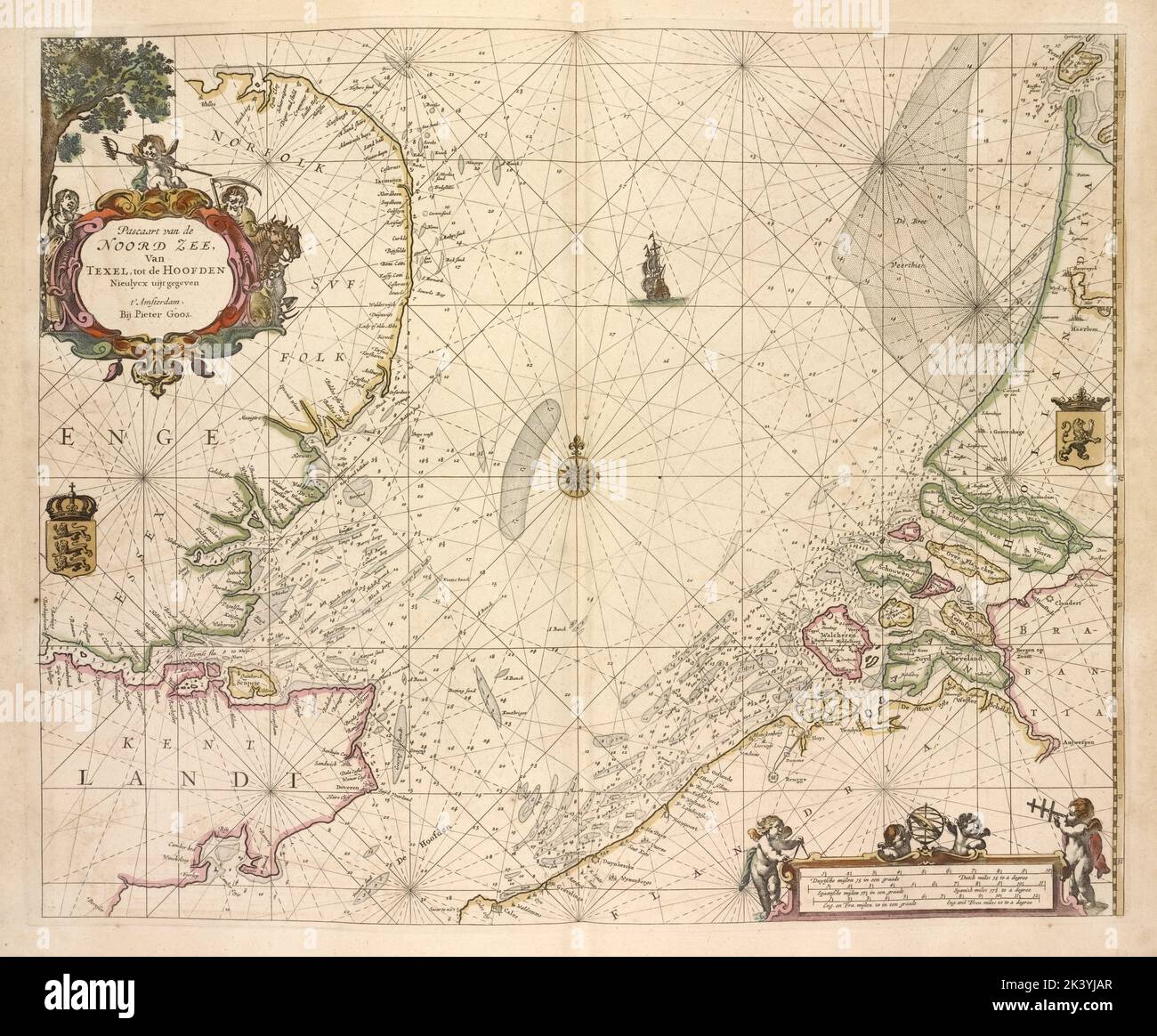 Pascaart van de Noord Zee, van Texel tot de Hoofden. De Noort-zee, van ...