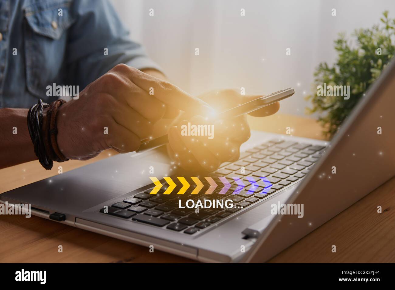 Casual Businessman Touching Mobile Phone or Smart Phone and Yellow Blue ...