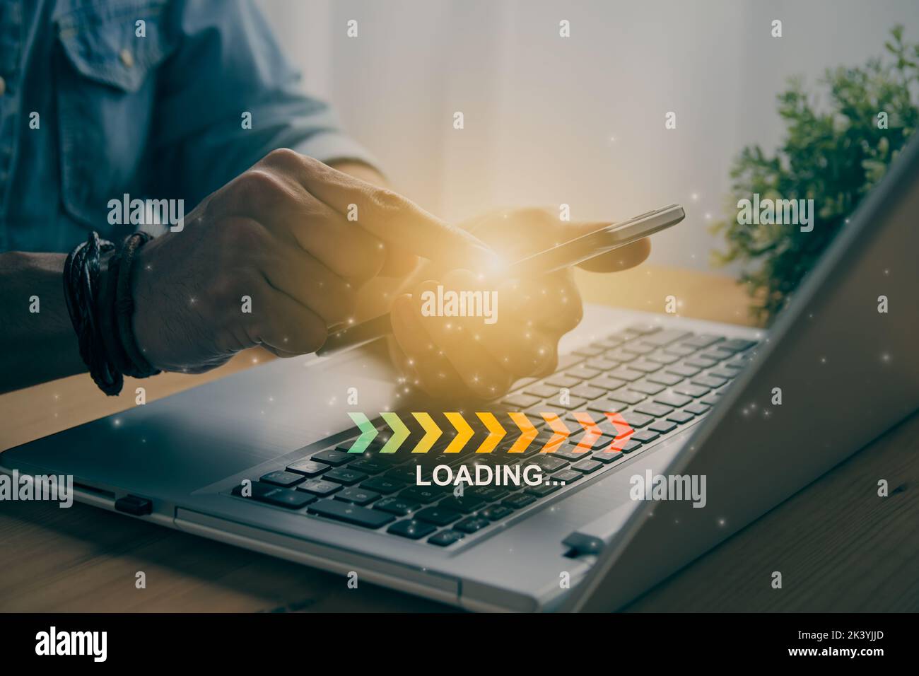 Casual Businessman Touching Mobile Phone or Smart Phone and Green ...