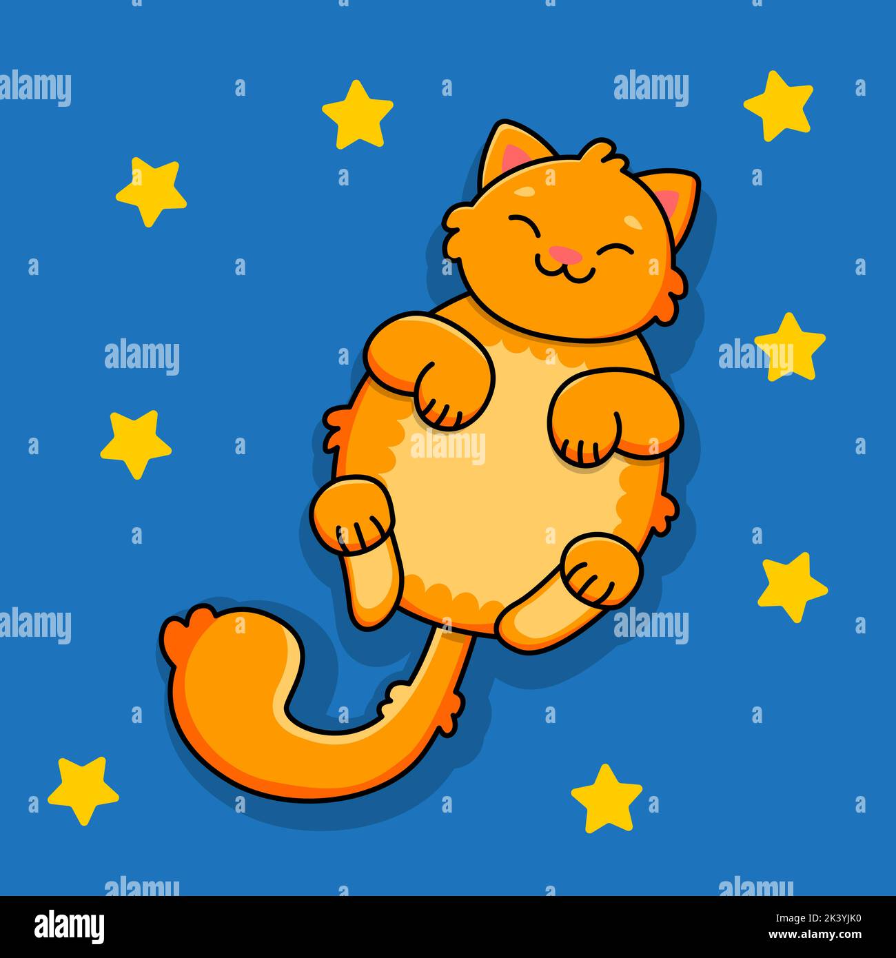 Sleeping smiling ginger cat on a blue background. Blue sky and yellow ...