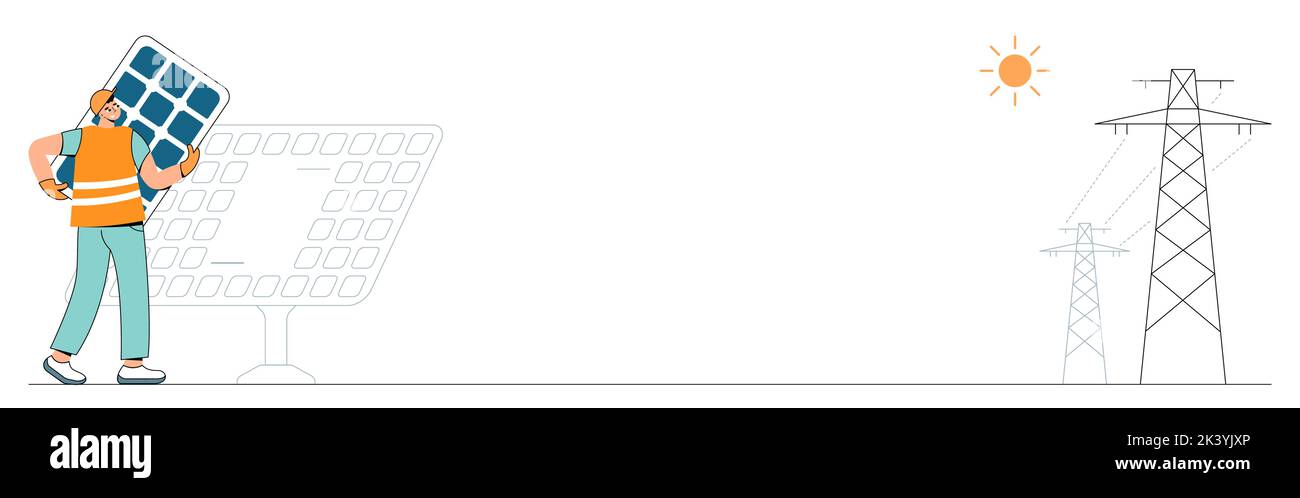 Divider with worker set a panel at a solar power plant. Smart and green ...