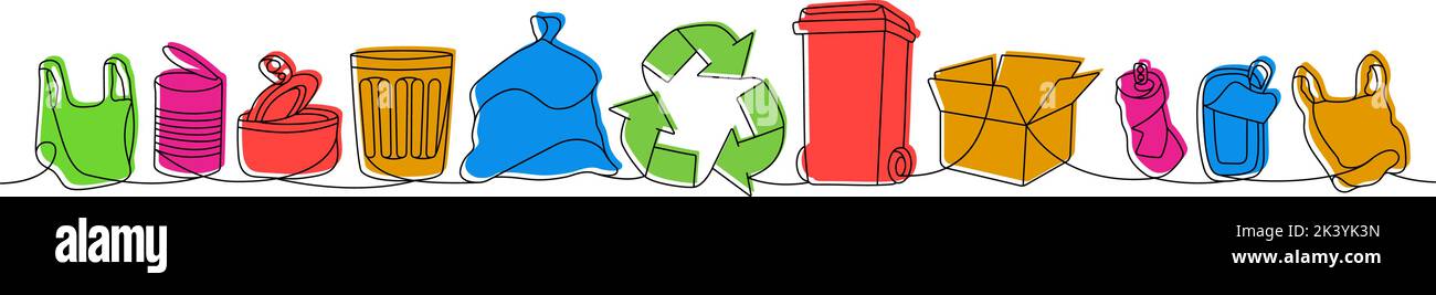 Set of Garbage recycling one line colored continuous drawing. Trash can ...