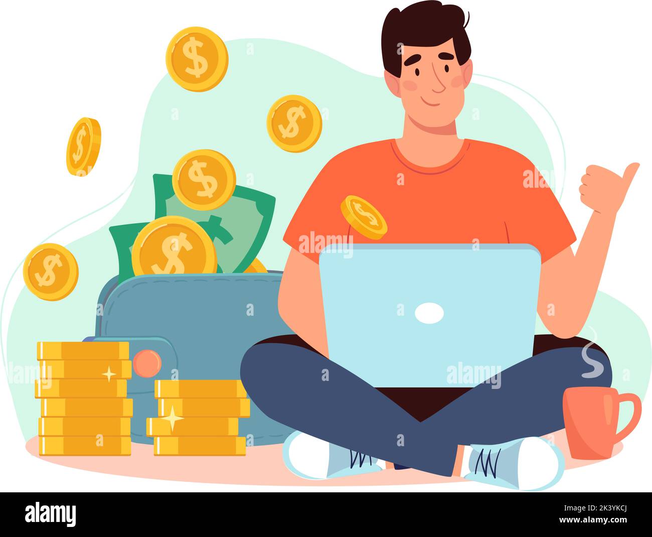 Freelancer at the laptop, from which gold coins are pouring into a ...