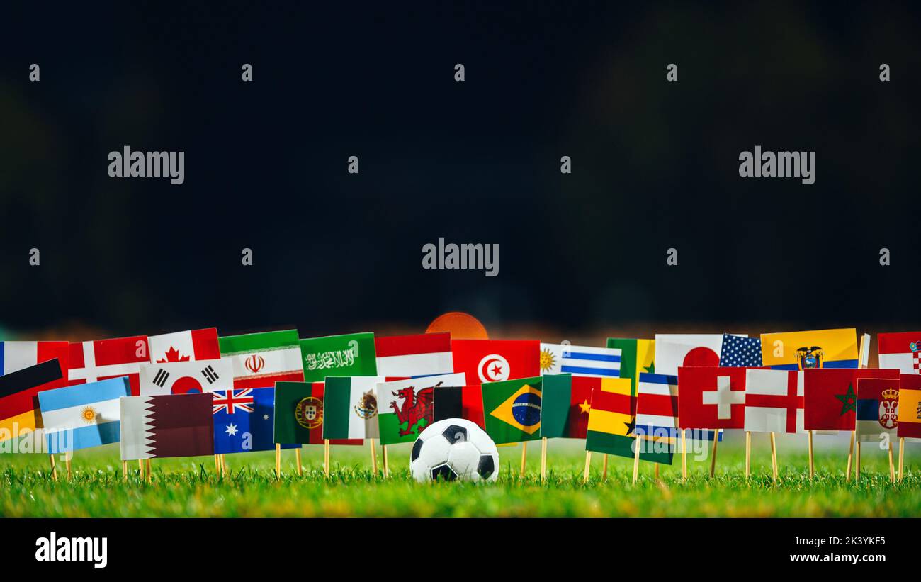 All 32 flags and football ball on green grass. Soccer Tournament Stock ...