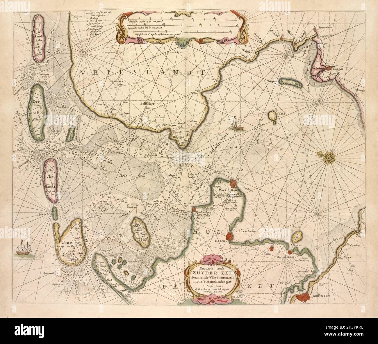 Pascaarte van de Zuyder-zee. De Zuyder-zee. Cartographic. Maps. 1672 ...