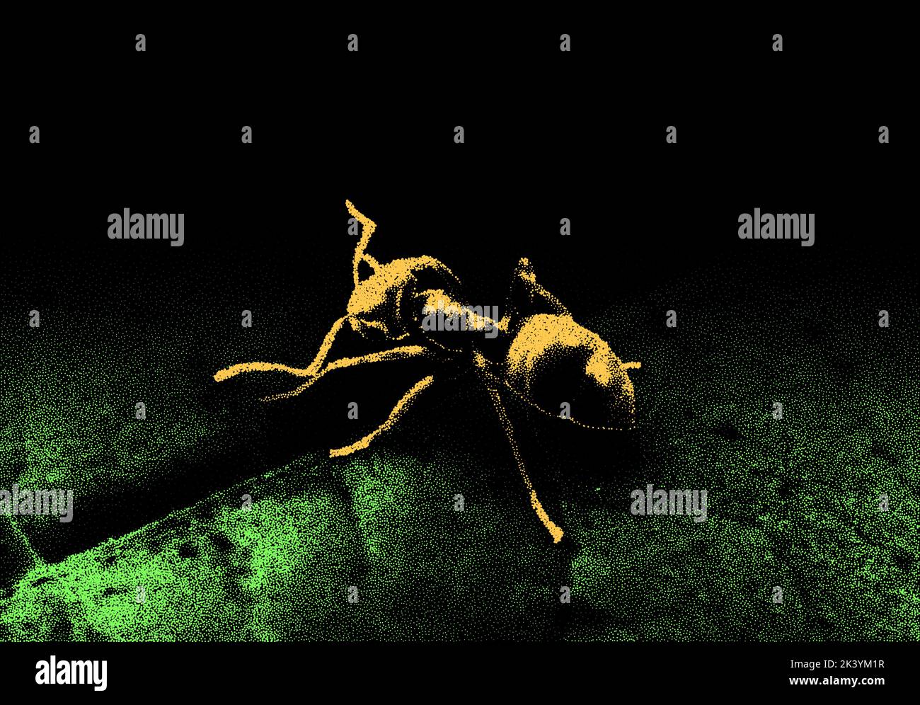 Retro futurism dotwork style ant on the green leaf. Technology and ...