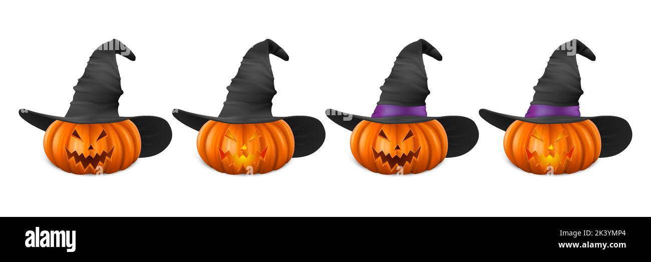 Vector Halloween Pumpkin with Witch Hat Set. Cute Jack-o-lanterns ...