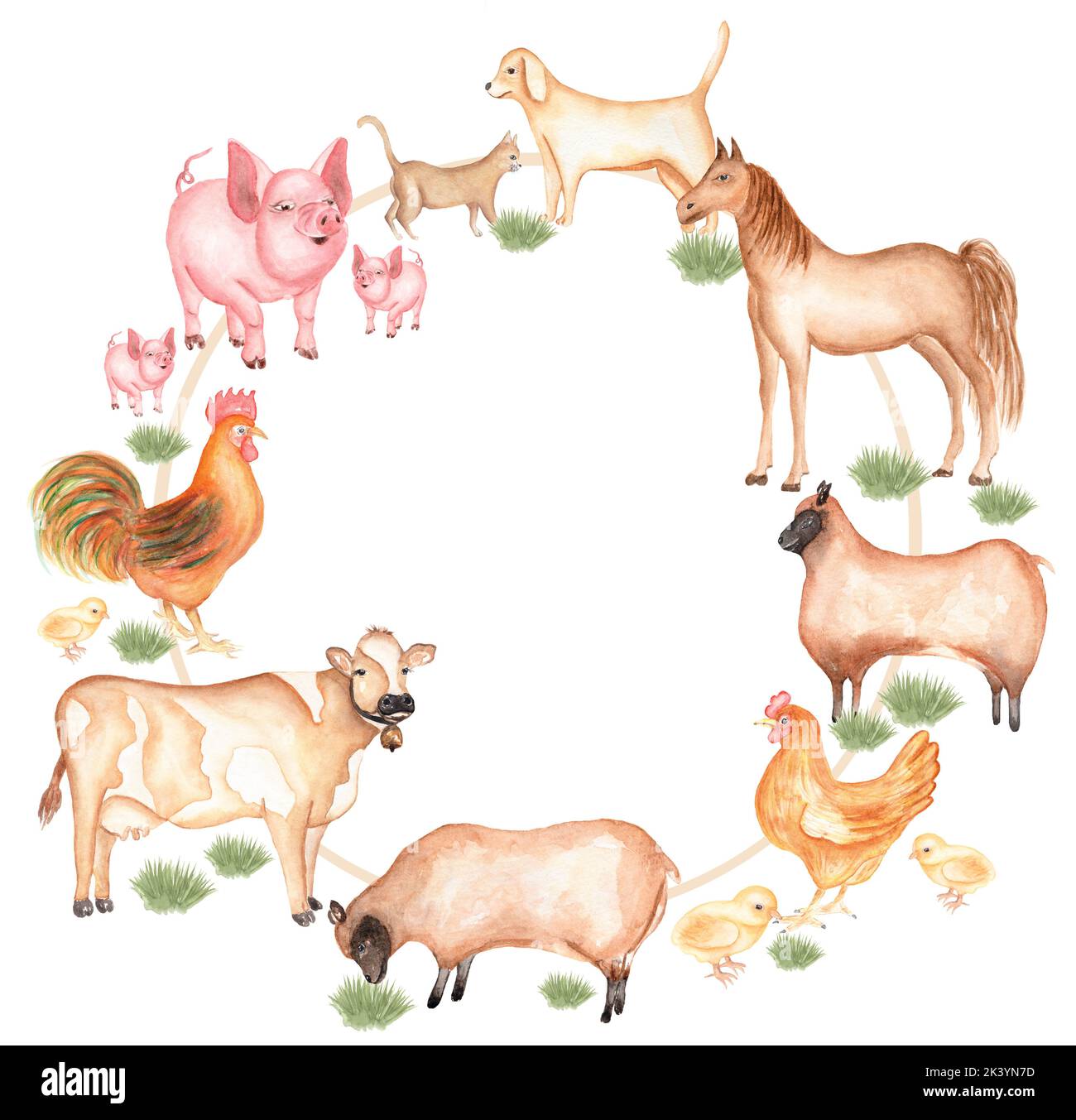 Watercolor farm animals wreath illustration. Hand drawn animal: cute ...