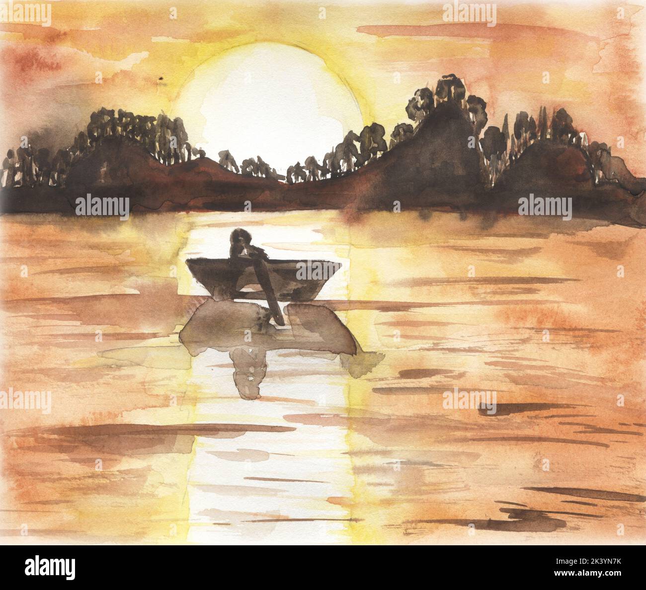 Hand drawn painted watercolor seascape landscape with boat. sunset on ...