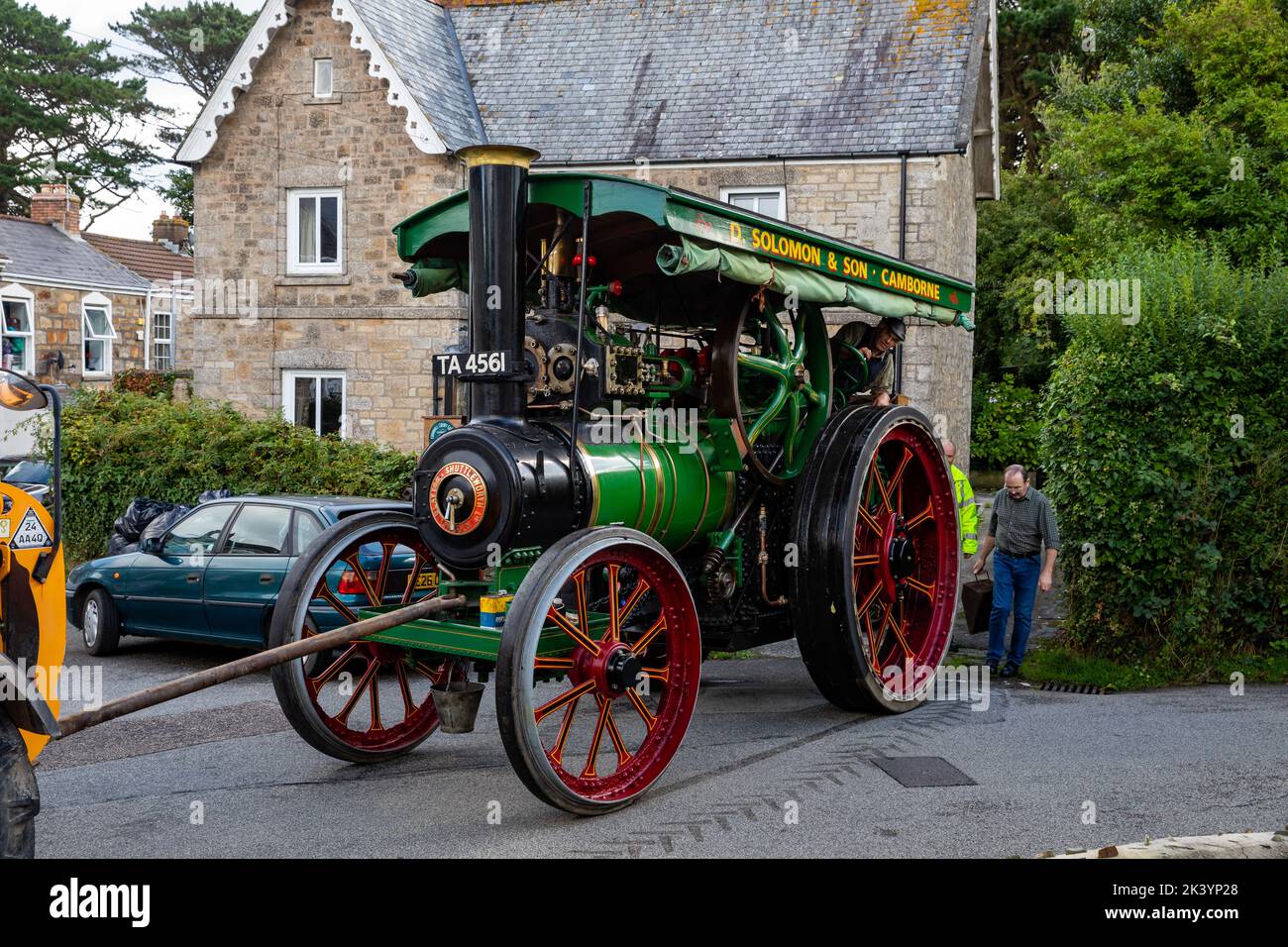 Steam traction engine being towed in Camborne, Cornwall, UK Stock Photo ...