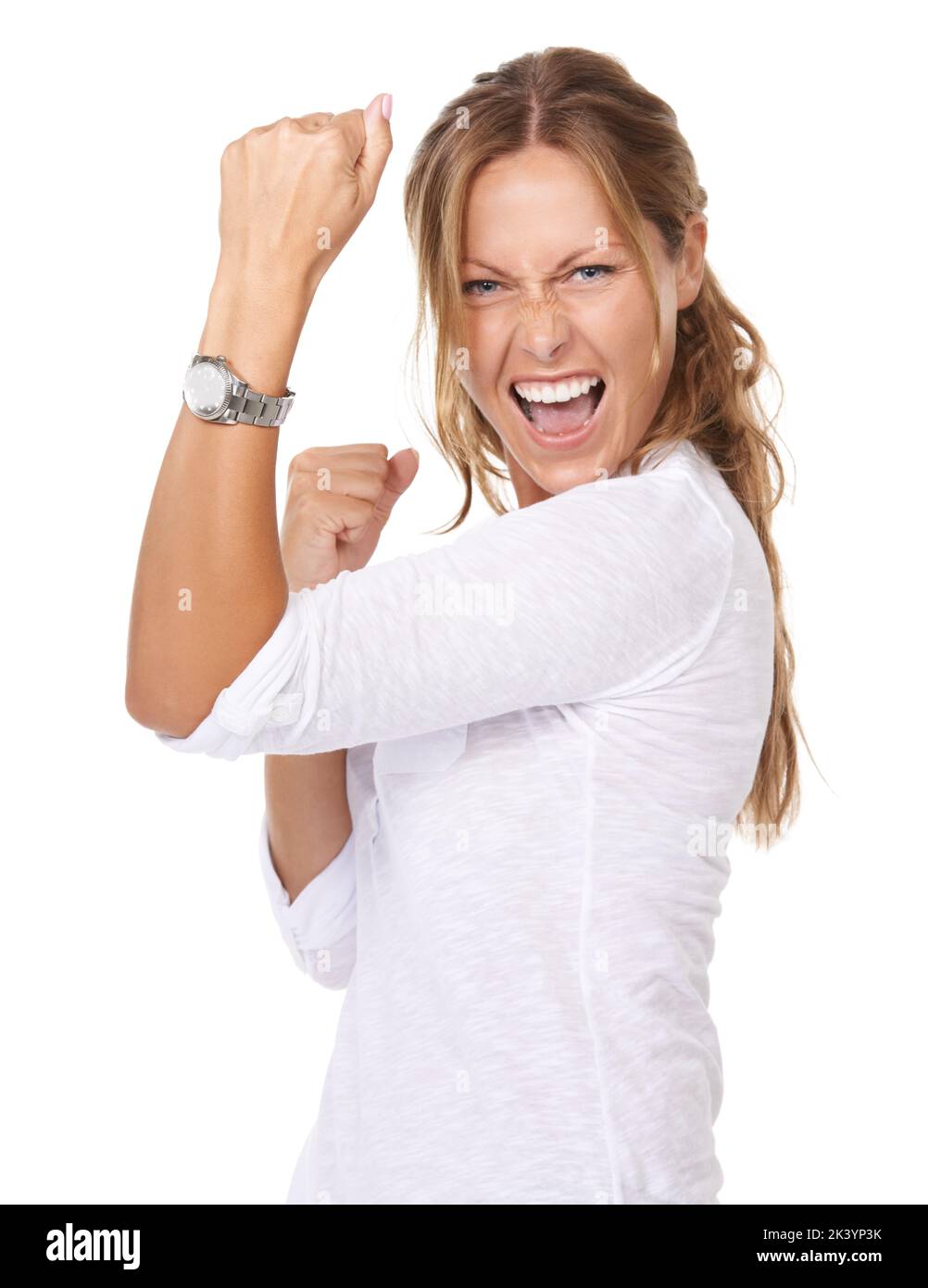 Smiling white woman fist pump hi-res stock photography and images - Alamy