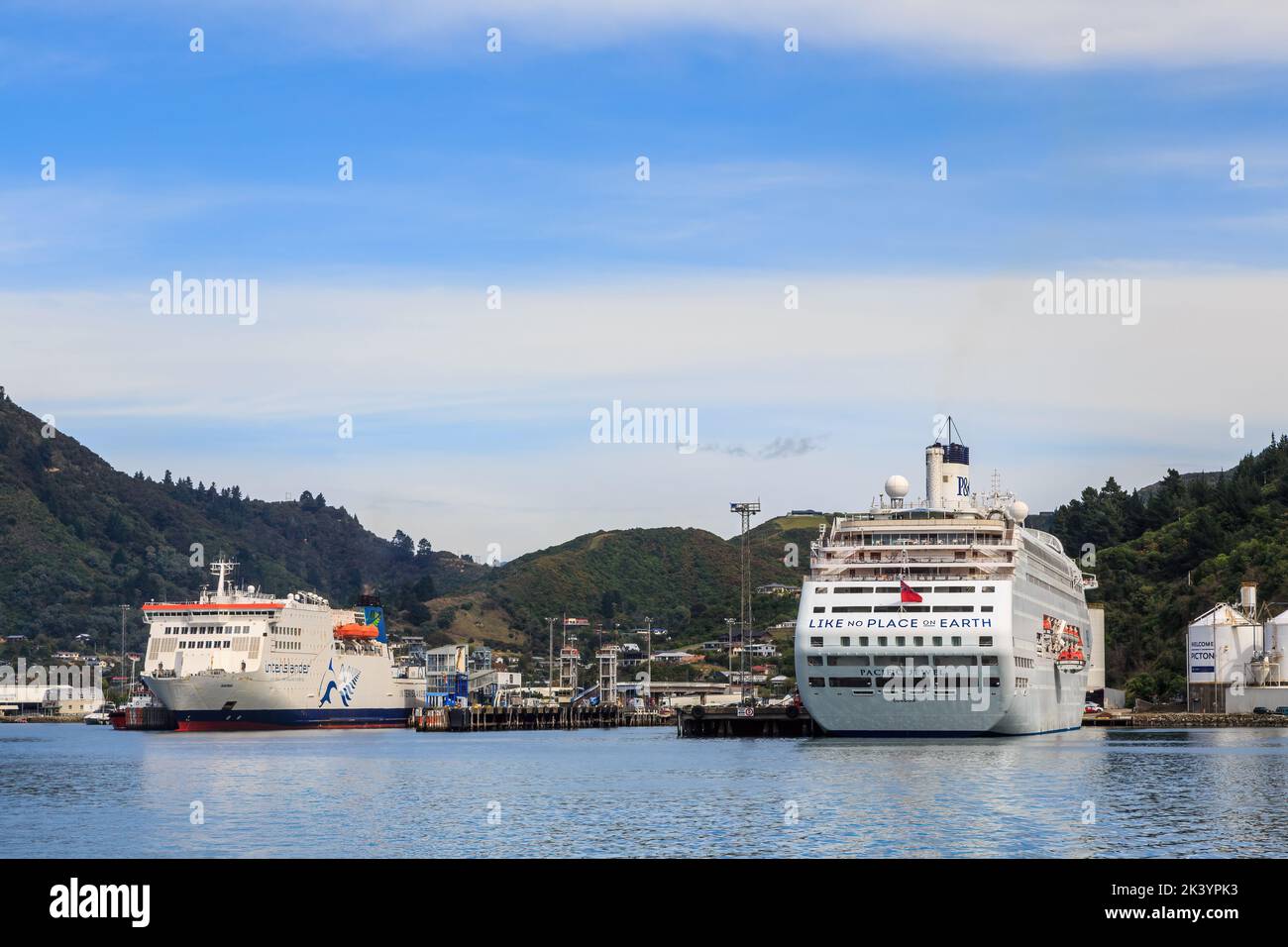 The port of Picton, New Zealand. The Interislander ferry "Kaitaki" and ...