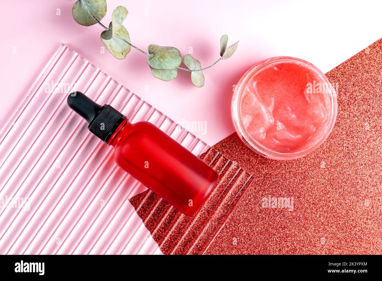 Top view of skin exfoliation cosmetic set. Liquid peeling serum with ...