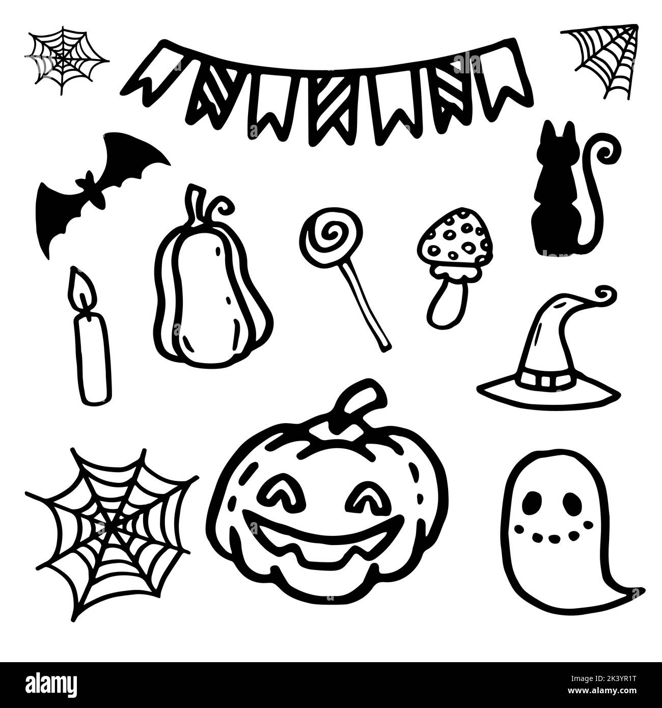 Halloween doodle set of illustrations. Vector image of pumpkin, ghost ...