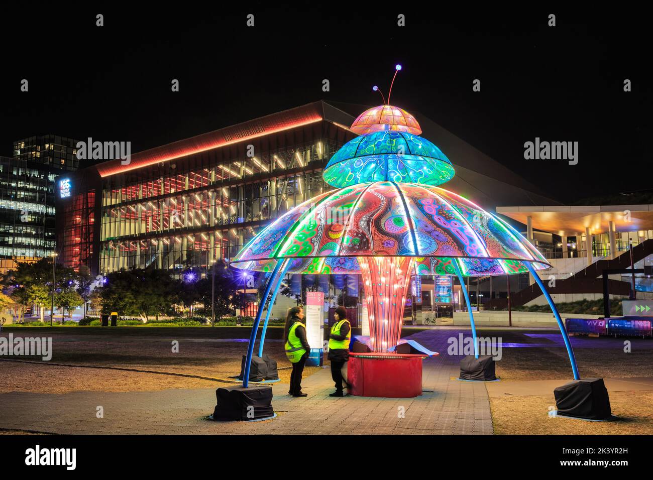 An illuminated sculpture called "Alien Visitor" in Tumbalong Park ...