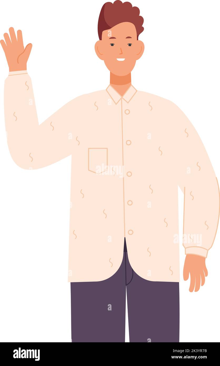 Smiling young man with greeting hand gesture. Friendly character ...