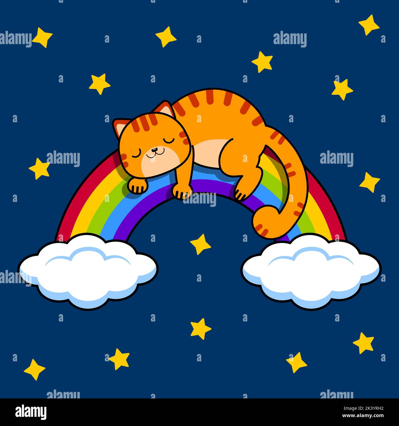 Red cat sleeps on a rainbow. Night sky and stars.Vector illustration ...