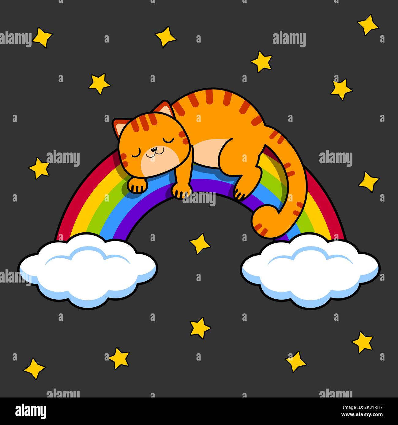 Gray cat sleeps on a rainbow. Night sky and stars.Vector illustration ...