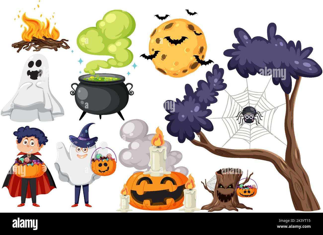 Halloween cartoon character and elements set illustration Stock Vector ...