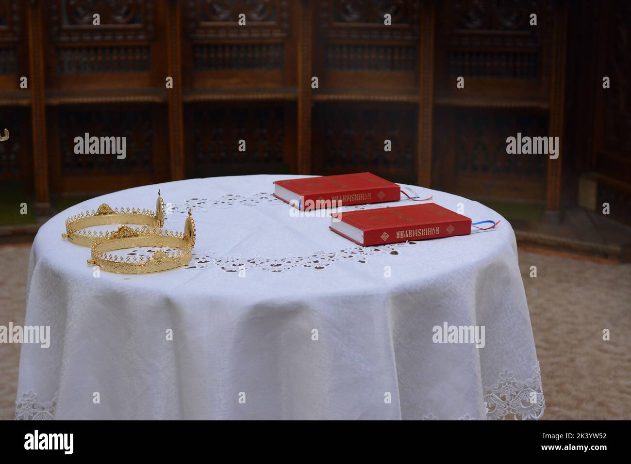 Two ceremonial crowns and two holy bibles as orthodox wedding ...