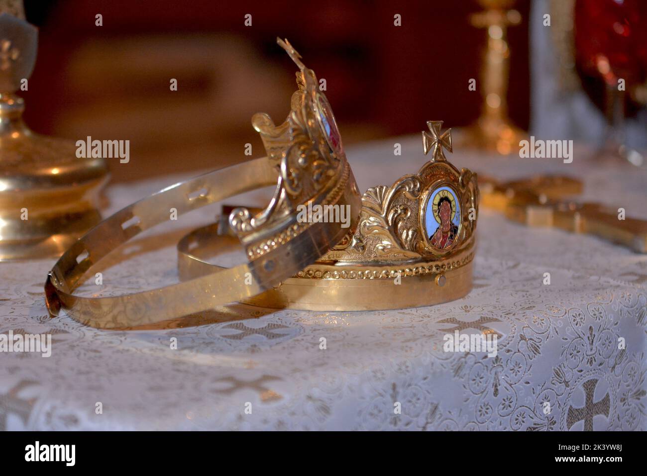 Two orthodox wedding ceremonial gold crowns ready for ceremony Stock ...