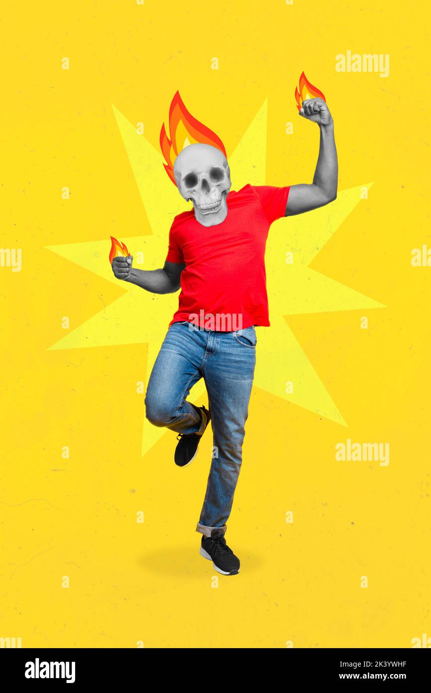 Creative drawing collage picture of running dancing man rocker biker ...