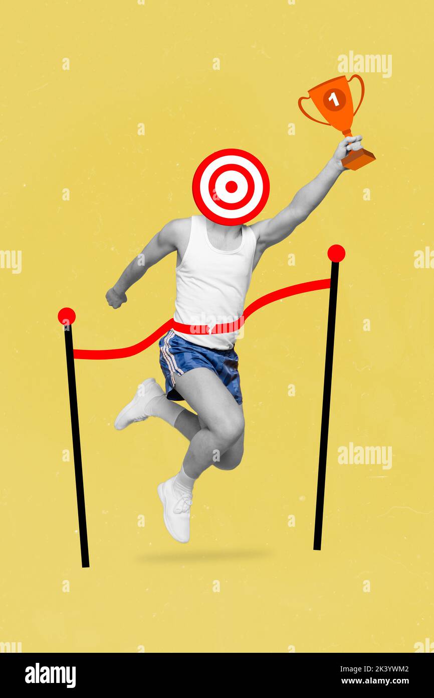 Composite collage image of running fast man darts target instead head ...