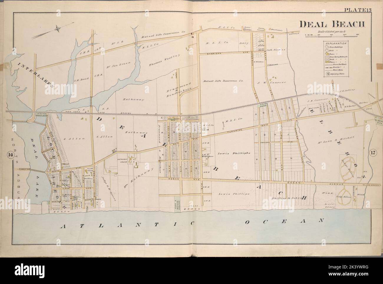 Monmouth County, Double Page Plate No. 13 Map of Deal Beach 1889. Breou ...