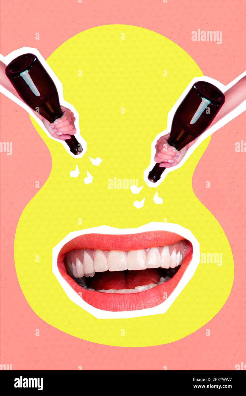 Vertical collage picture of two human arms hold pour alcohol bottle ...