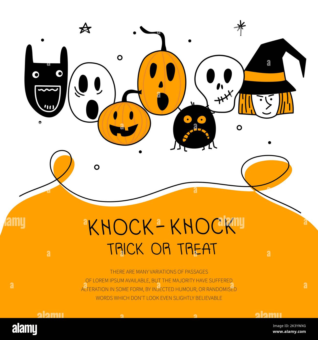 Halloween creepy faces pumpkin, witch, spider, ghost, skull and phrase ...