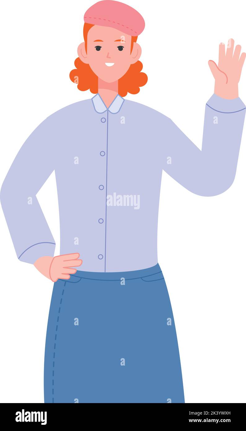 Young woman says hi with waving hand gesture isolated on white ...