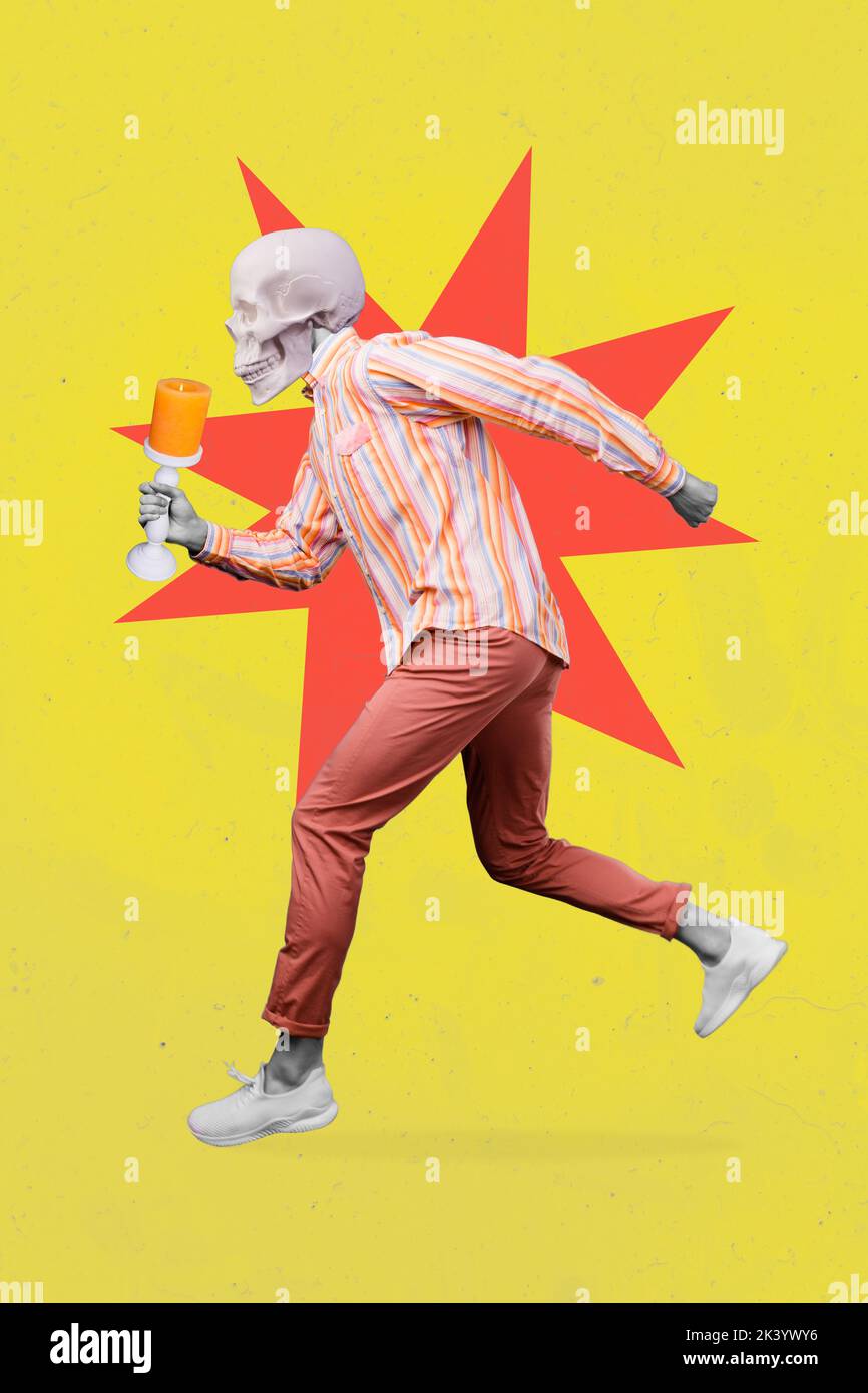 Creative trend collage of running man skull instead head holding ...