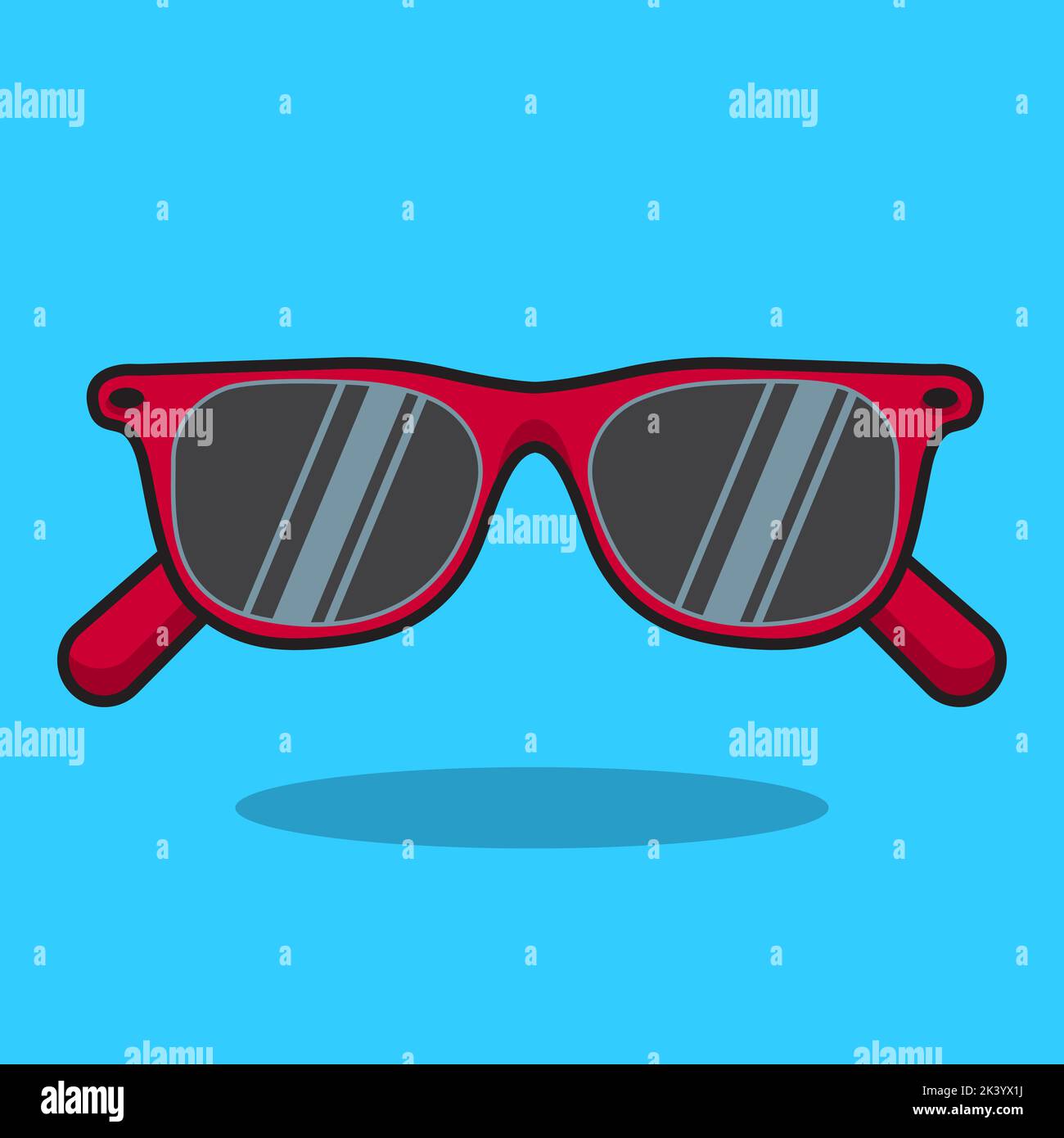 Cartoon illustration of red sunglasses, with shadow, on a blue ...