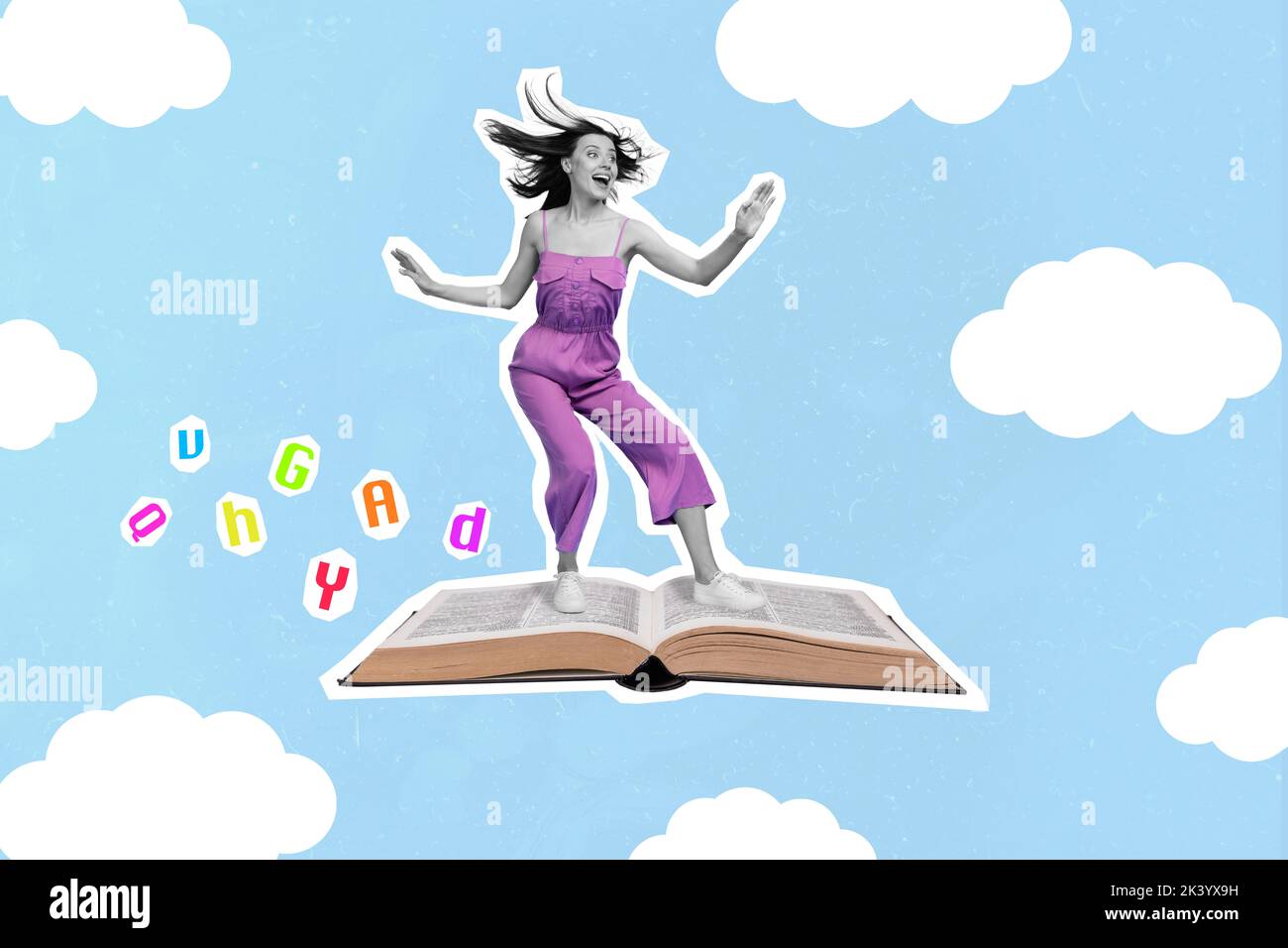 Composite collage image of excited young girl student flying sky clouds ...