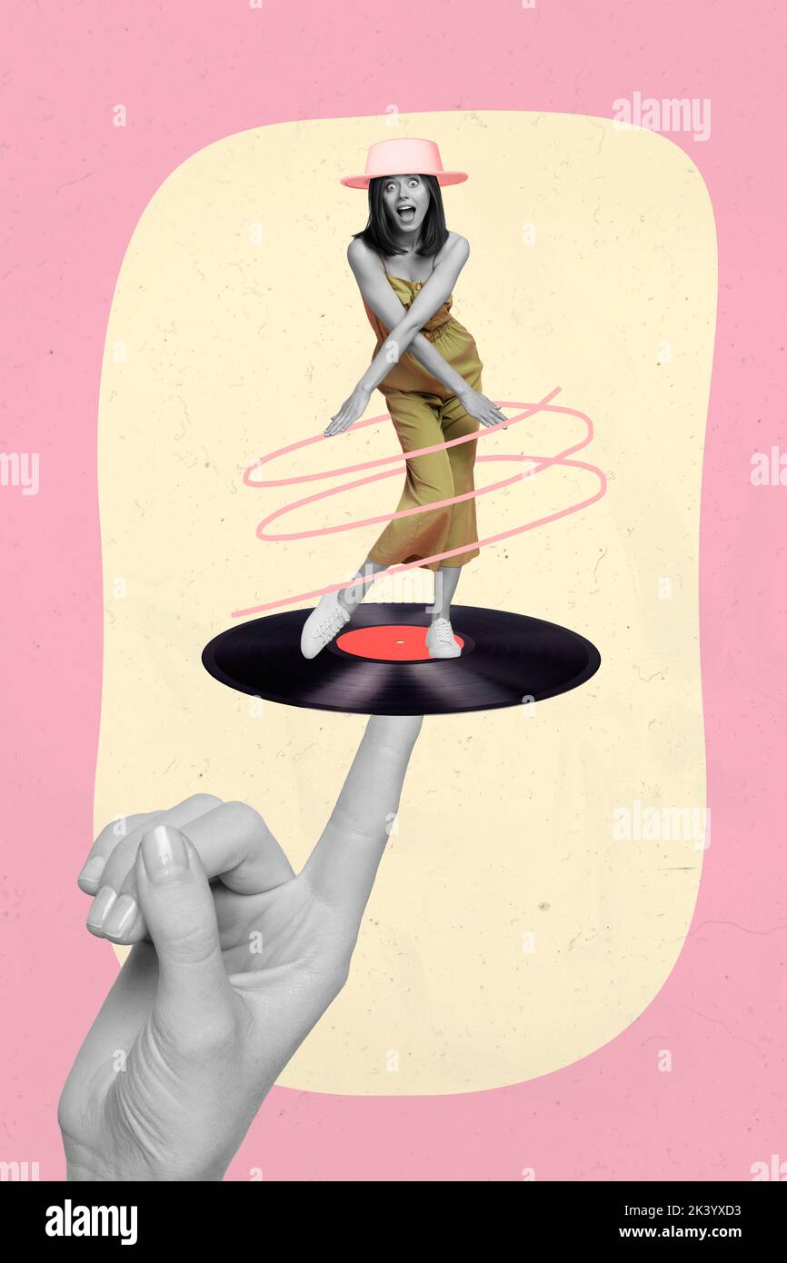 Creative abstract template collage of funny crazy young woman dancing ...