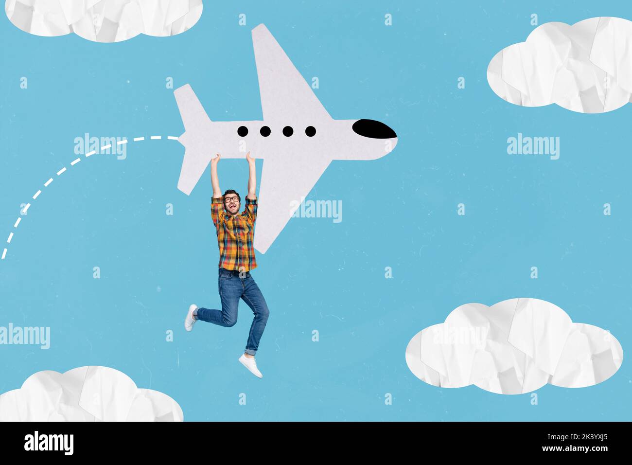 Collage photo of youngster excited man hold painted aircraft fly air ...
