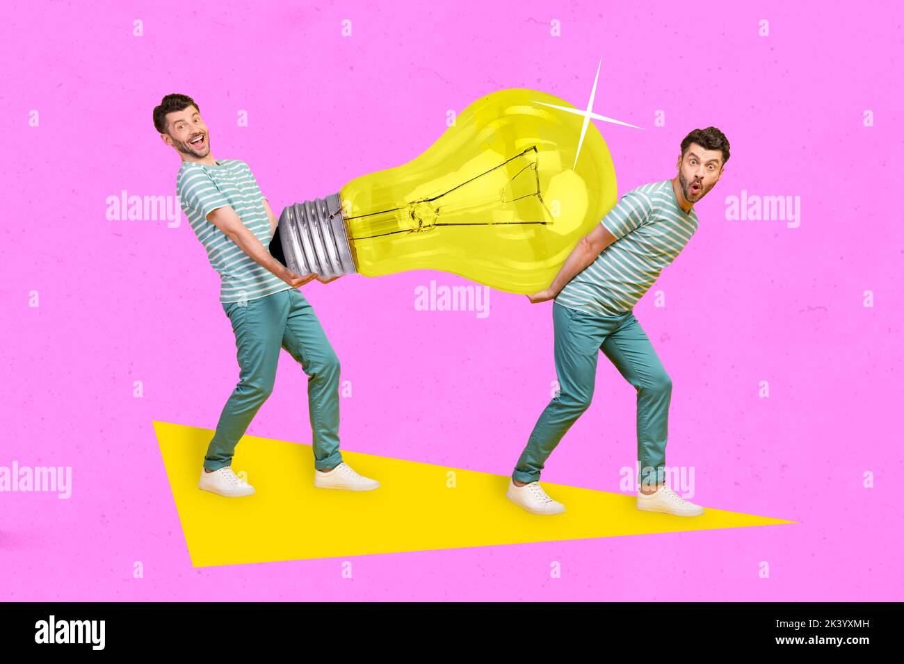 Creative drawing collage picture of two excited man carry big electric ...