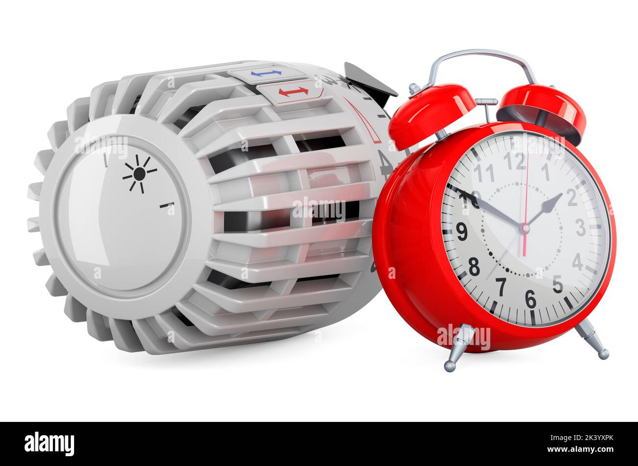 Thermostatic radiator valve with alarm clock. 3D rendering isolated on ...