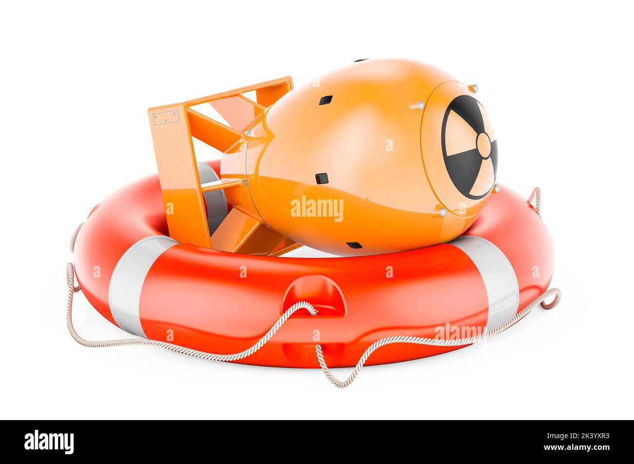 Nuclear atomic bomb with lifebelt, 3D rendering isolated on white ...