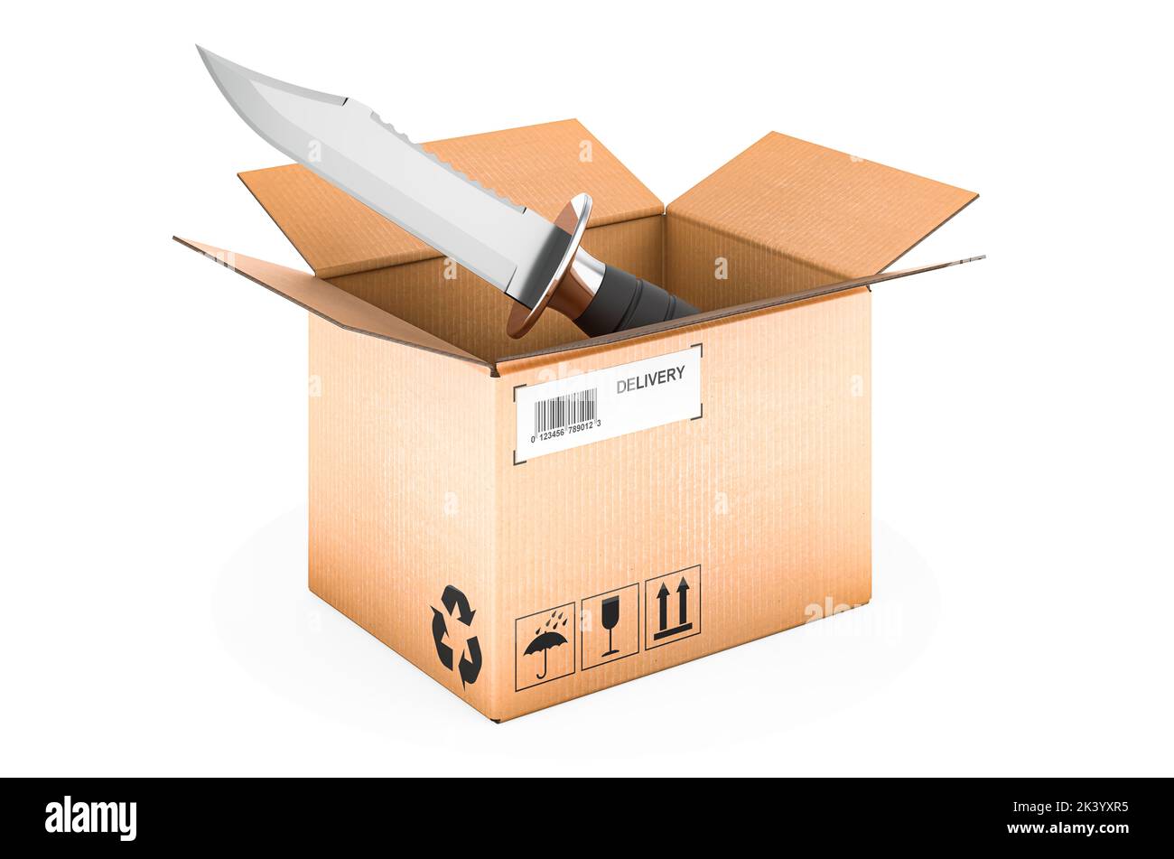 Combat knife inside parcel. Delivery concept. 3D rendering isolated on ...