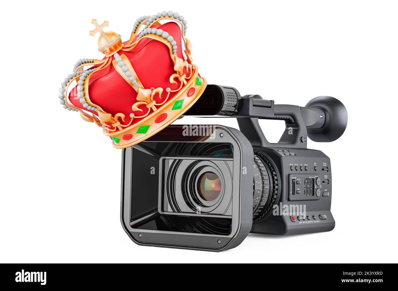 Video camera with golden crown. 3D rendering isolated on white ...